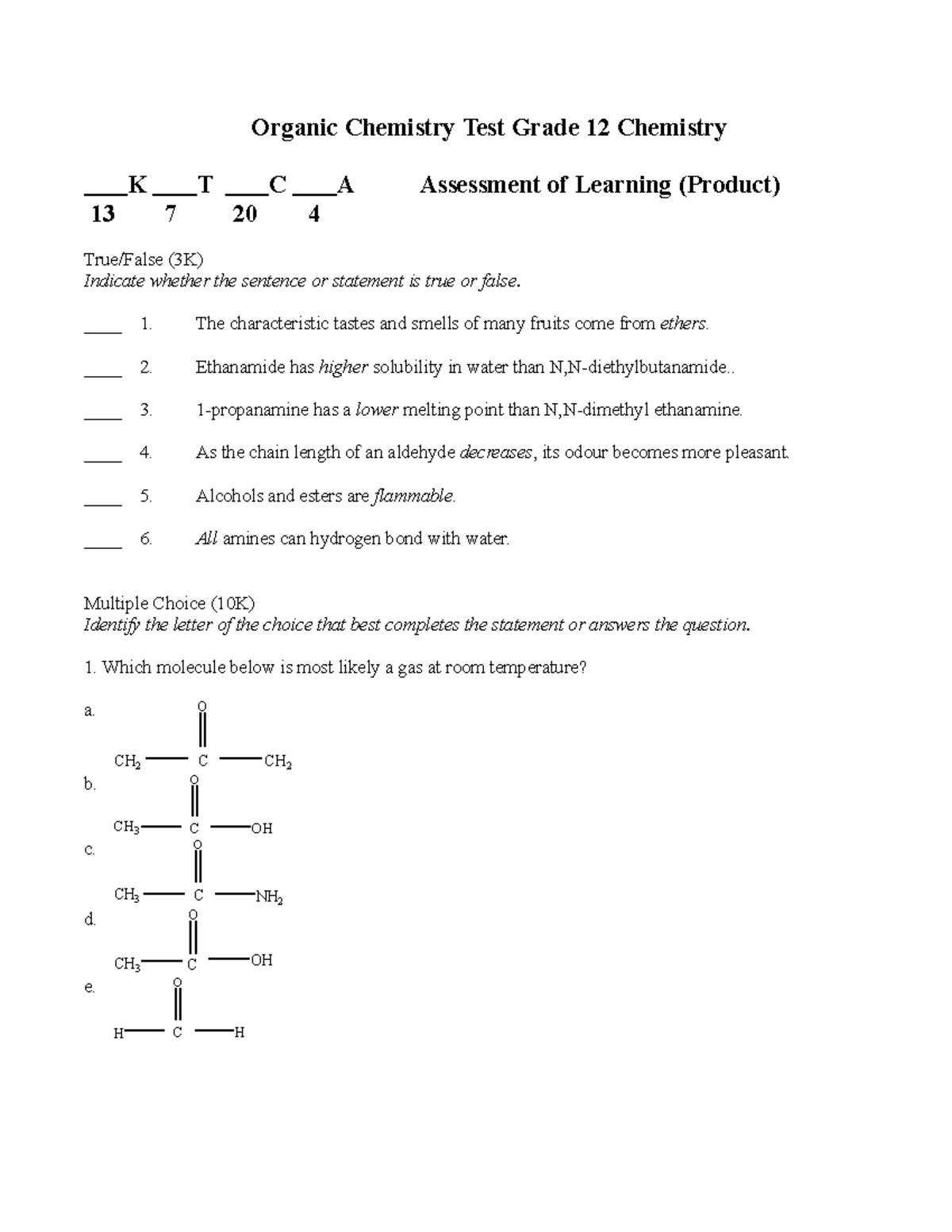 Grade 12 Organic Chemistry Test - Organic Chemistry Test Grade 12 ...