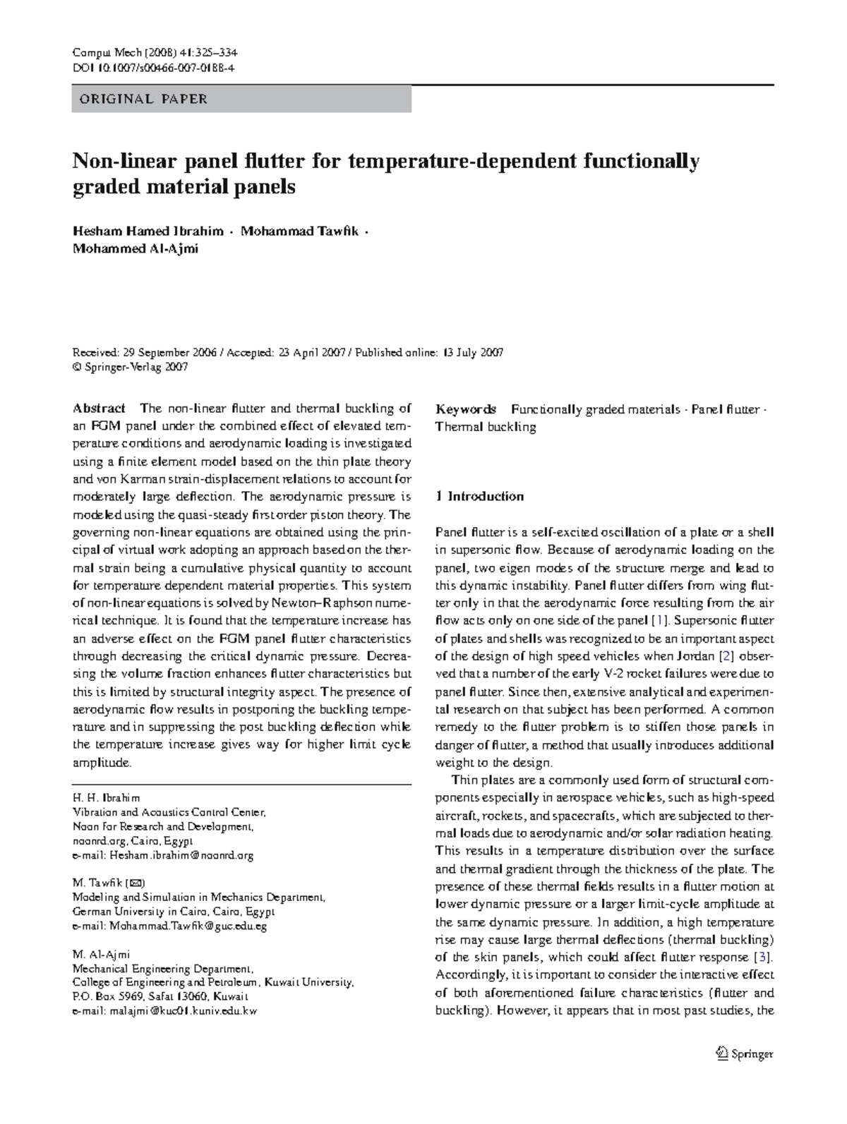 Non Linear Panel Flutter For Temperature Dependent Functionally Graded