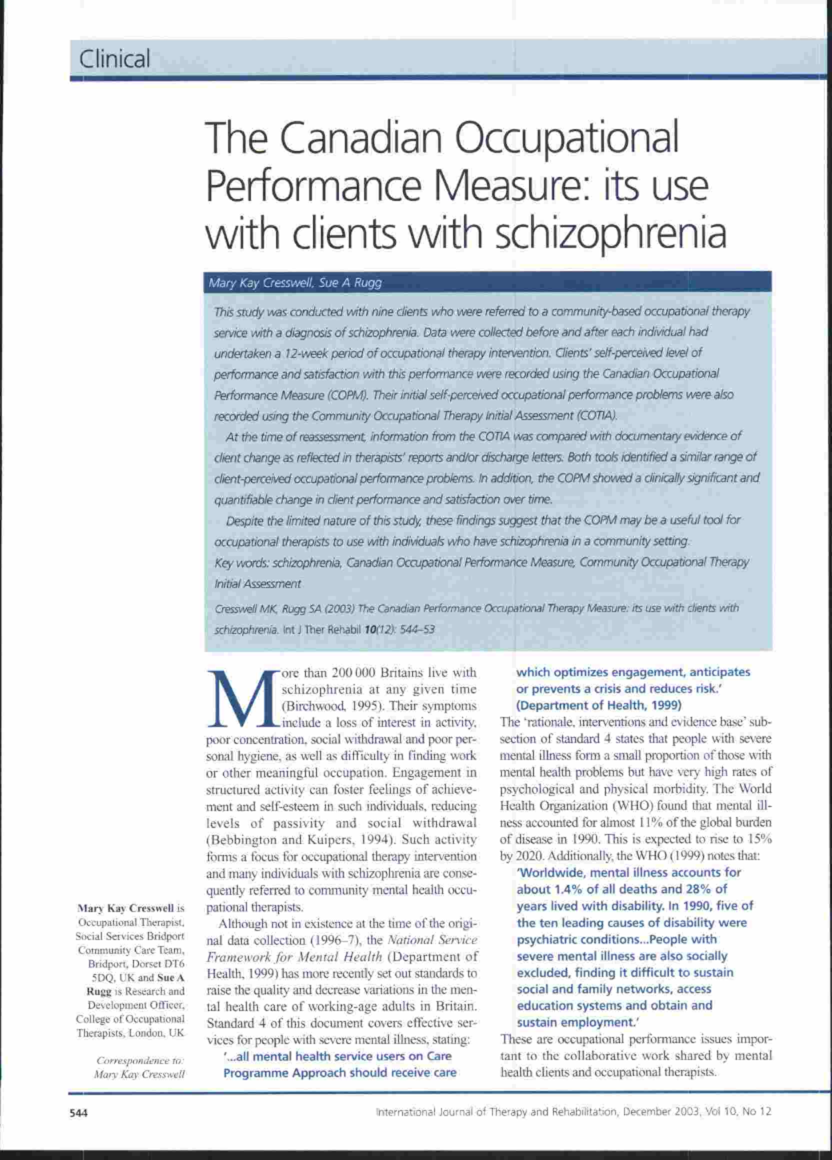 The Canadian Occupational Performance Measure its use with clients with ...
