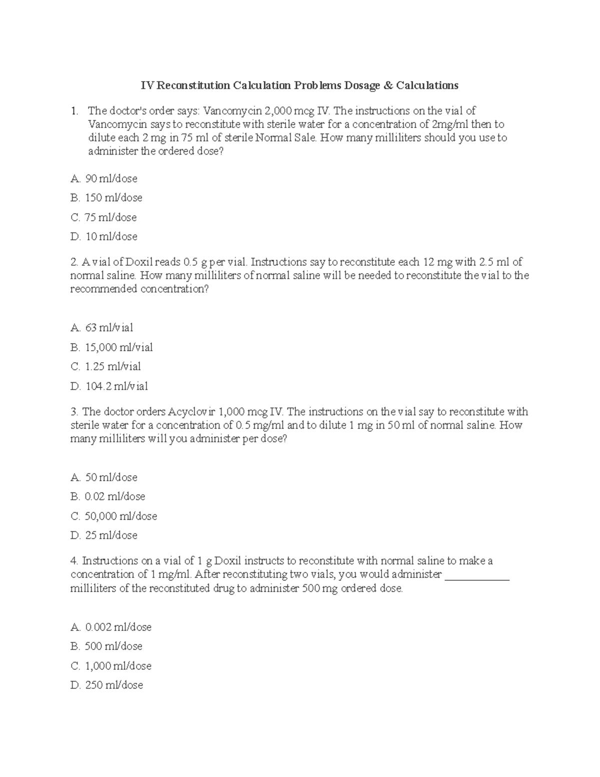 IV Reconstitution Questions For Med Surg IV Reconstitution