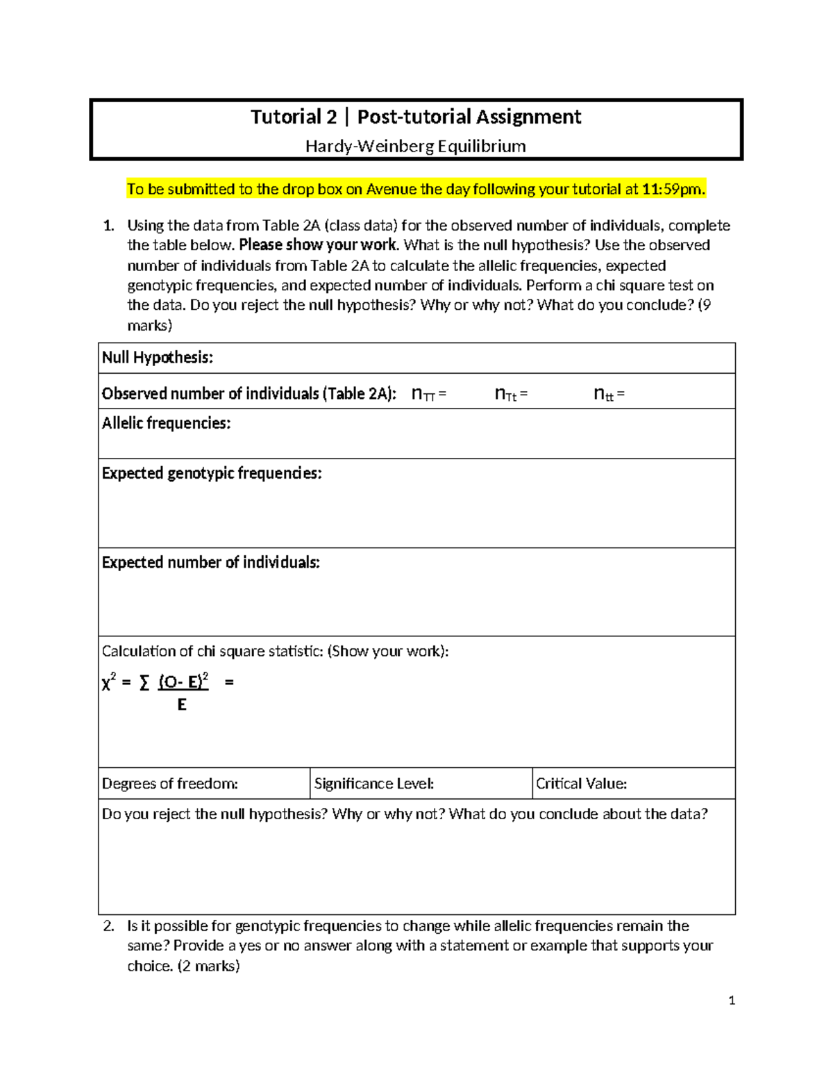 Post-Tutorial Assignment 2 S241 - Tutorial 2 | Post-tutorial Assignment Hardy-Weinberg ...