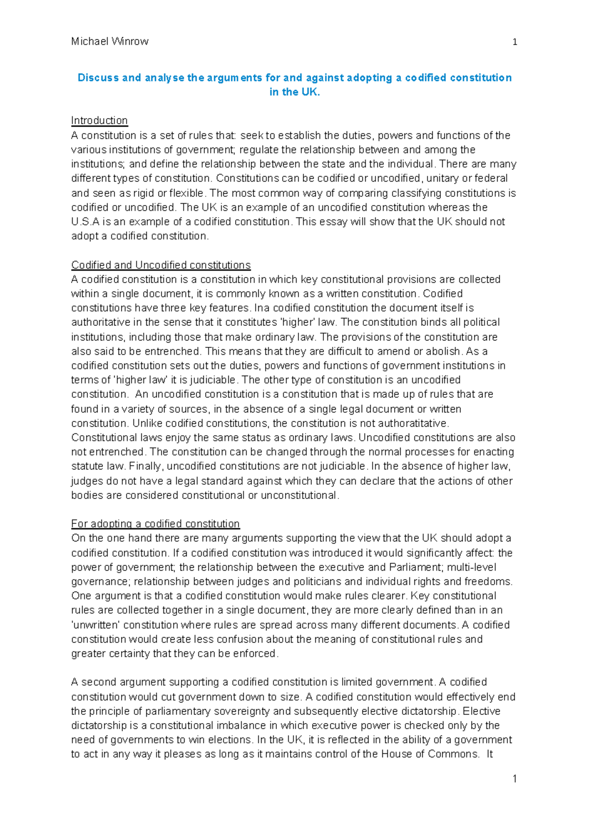 Codified and Uncodified Constitution - 1 Michael Winrow Discuss and ...