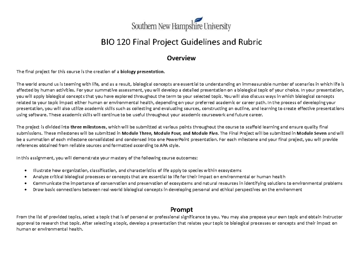 BIO 120 Final Project Guidelines and Rubric - The world around us is ...