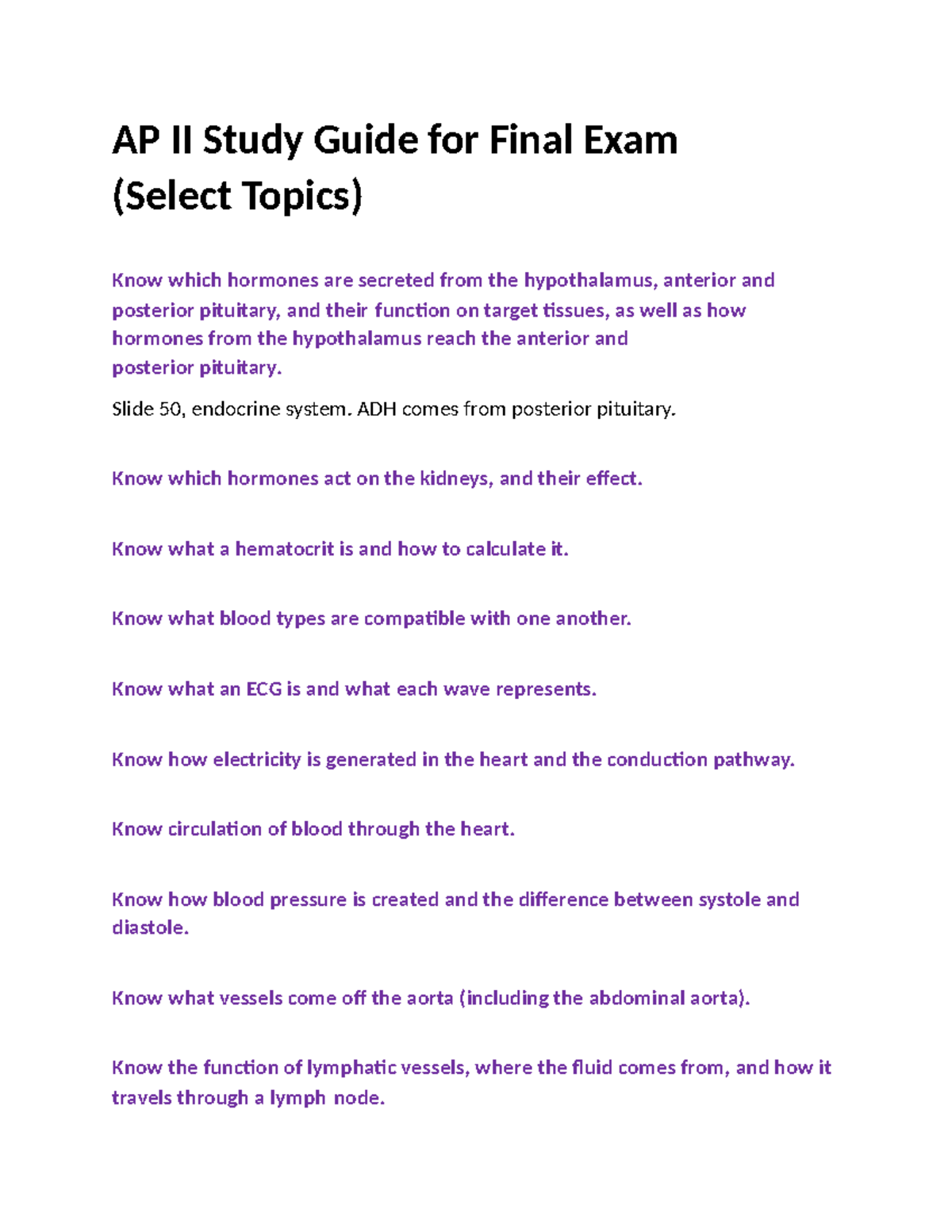 Study guide A&P - asssignnnment - AP II Study Guide for Final Exam ...