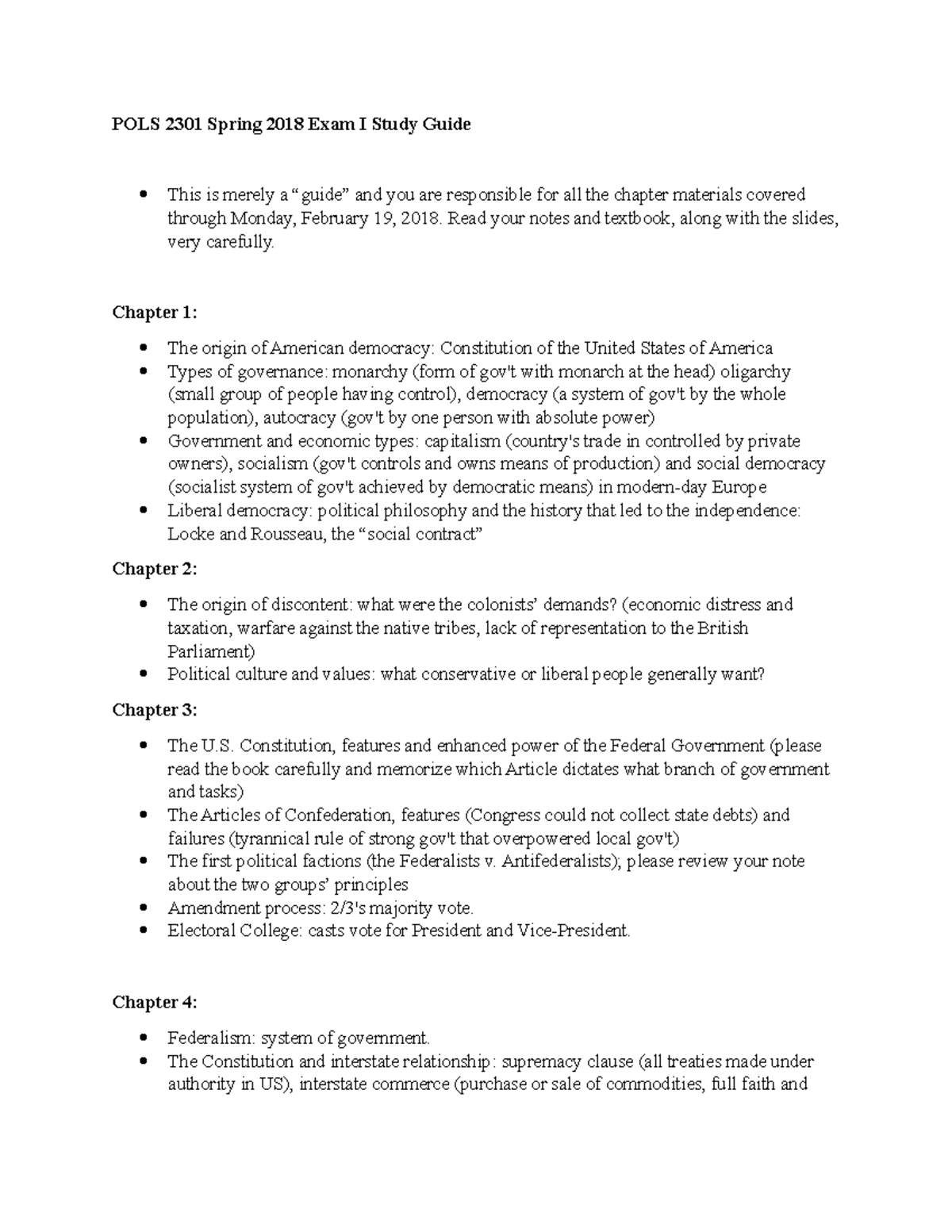 Exam I Study Guide - Exam 1 Review - POLS 2301 Spring 2018 Exam I Study ...