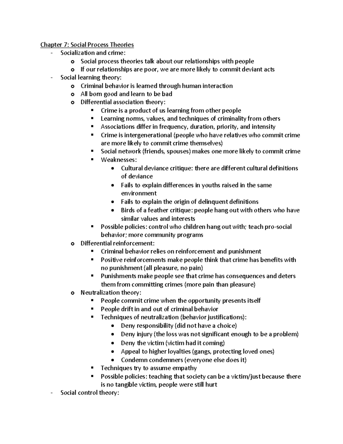 Intro to Crim Chapter 7 - Notes on Social Process Theories; Amy ...