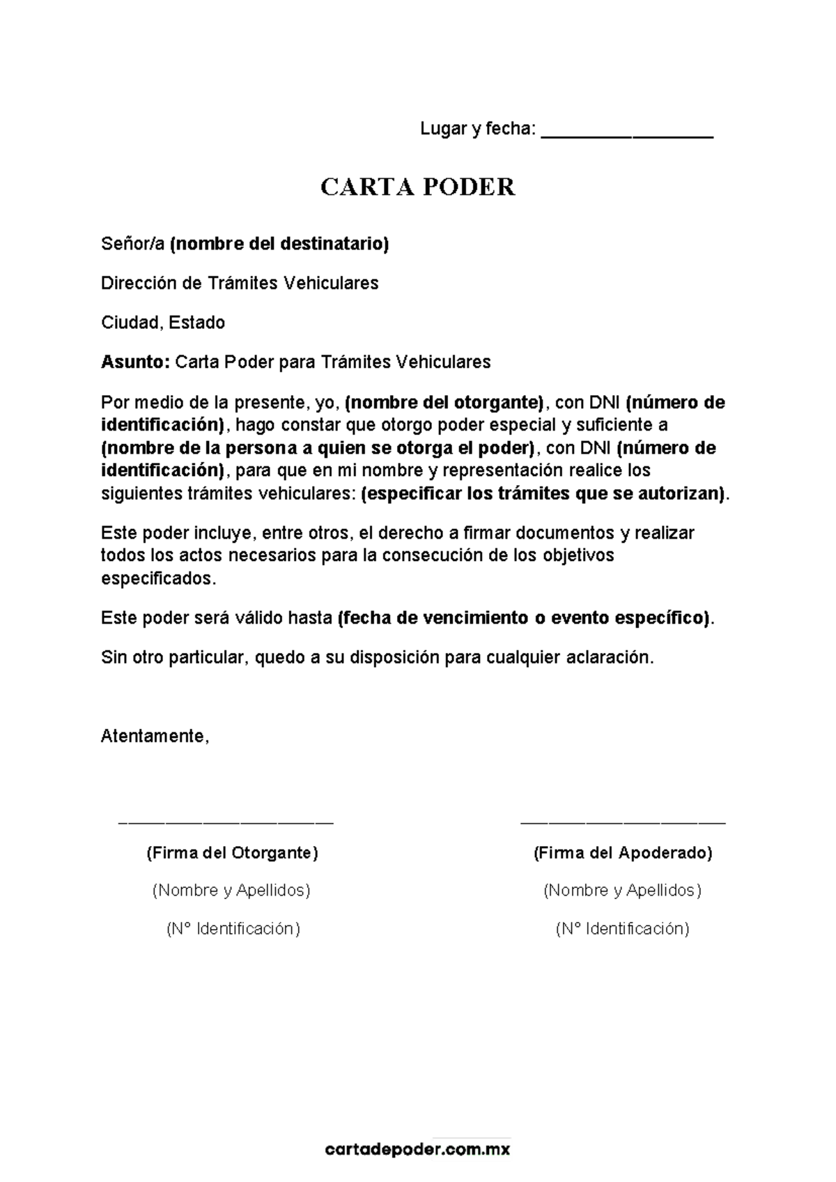 Machote carta poder para tramites vehiculares - Lugar y fecha ...