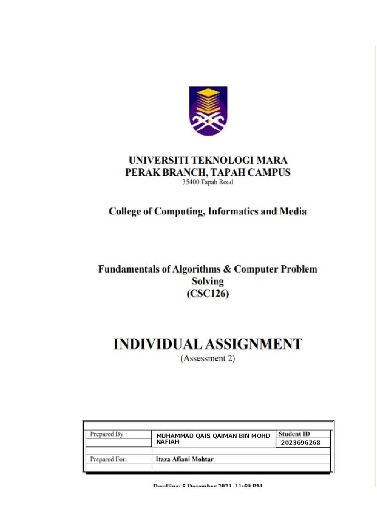 CSC126 Individual Assessment - UNIVERSITI TEKNOLOGI MARA PERAK BRANCH ...