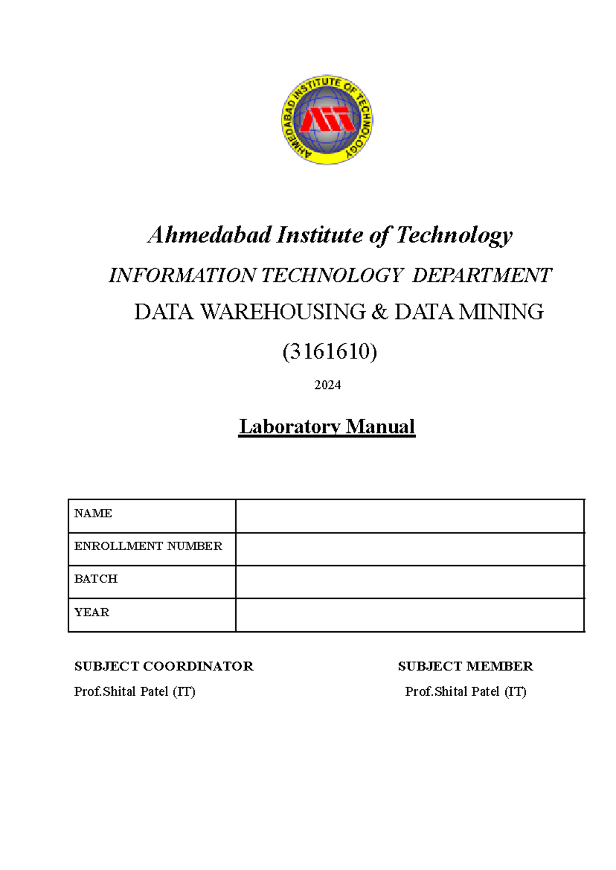 DWM Lab Manual - Ahmedabad Institute of Technology INFORMATION TECHNOLOGY DEPARTMENT DATA - Studocu