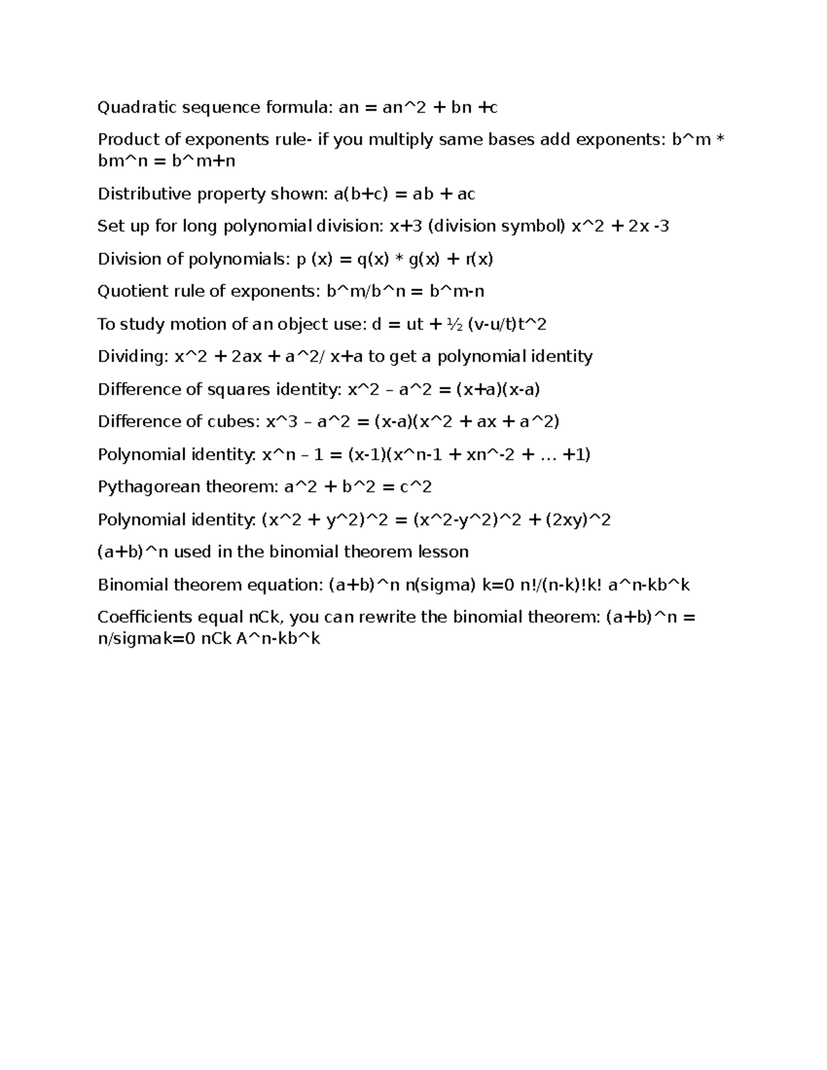 Unit 1 Formulas - Quadratic sequence formula: an = an^2 + bn +c Product ...