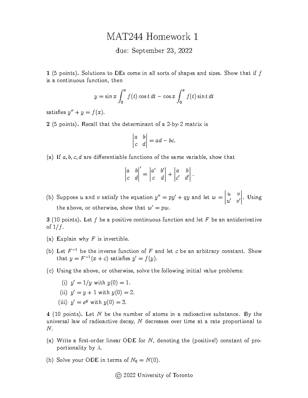 244a1 - Fall 2022 Mat 244 Assignment 1 - MAT244 Homework 1 due ...