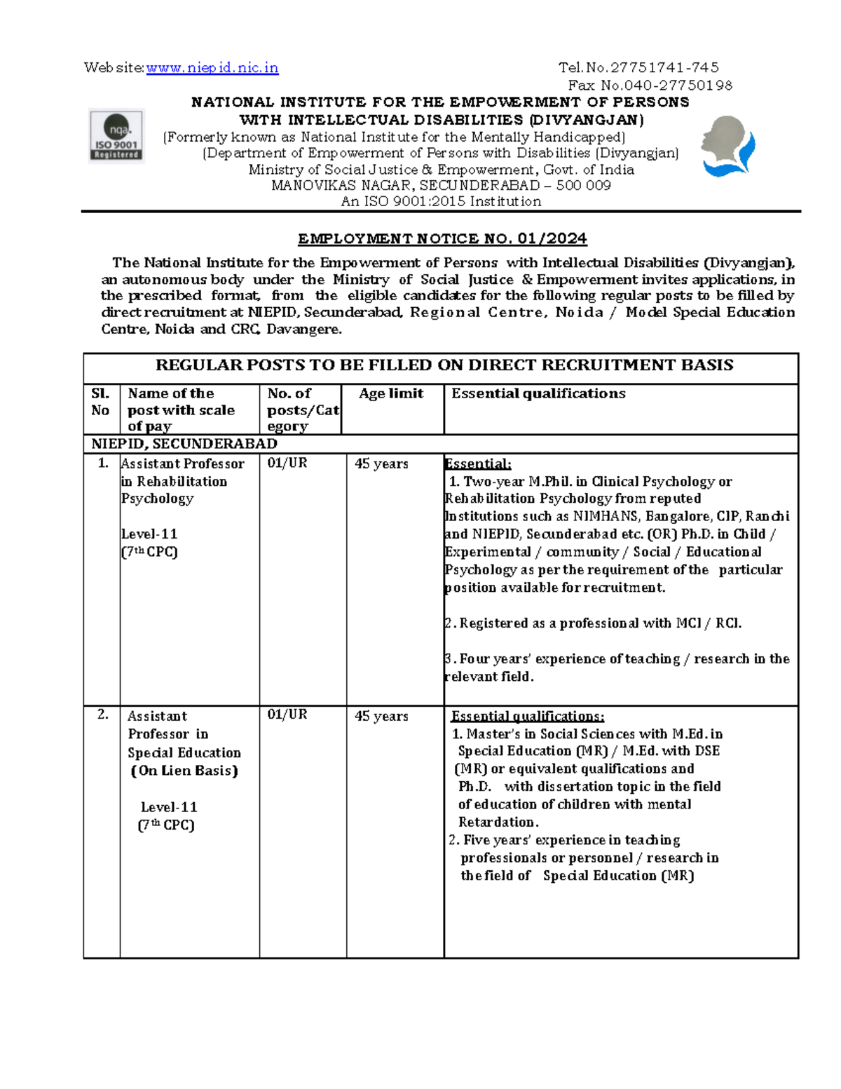 Niepid Emp Notice 1 of 2024 - Website:niepid.nic Tel.No- 745 Fax No ...