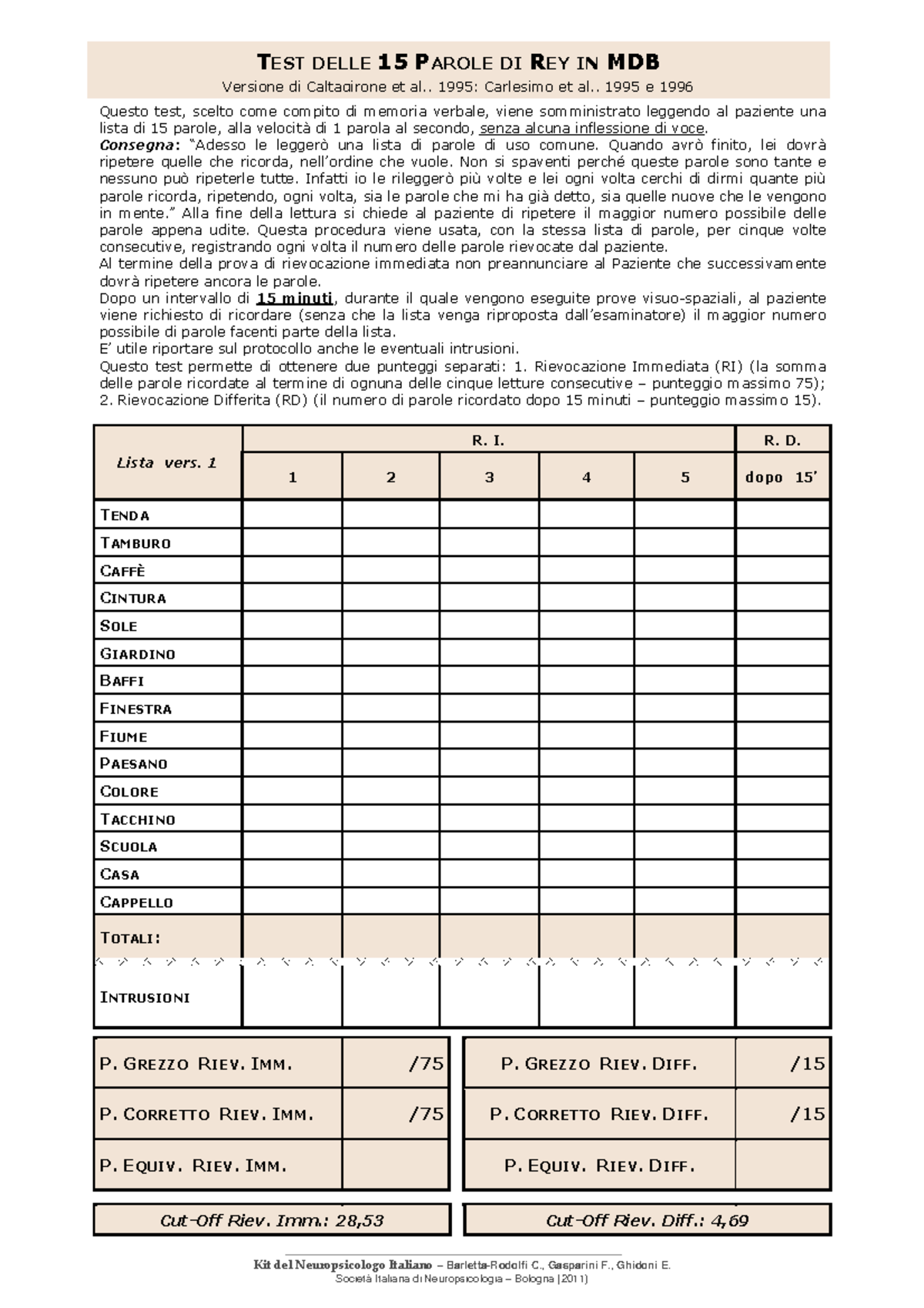 15 parole Rey MDB test - ** ** – Barletta-Rodolfi C., Gasparini F ...