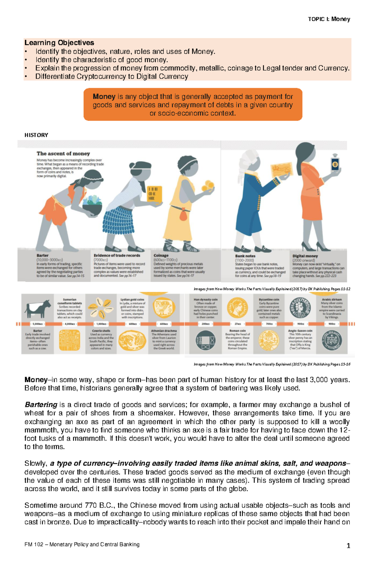 Topic I Money [MPCB] upload - Learning Objectives Identify the objectives, nature, roles and ...