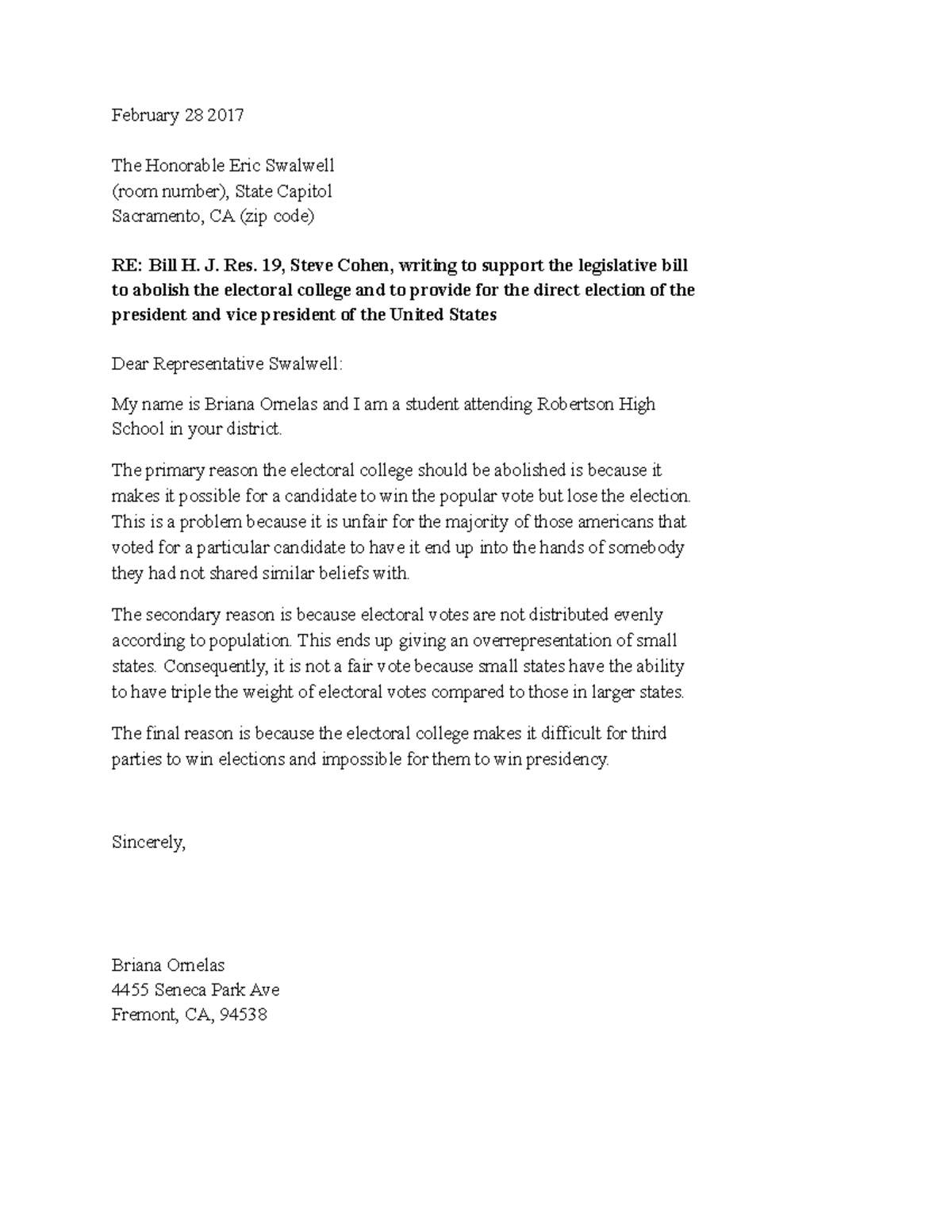 Briana Ornelas Letter to Congress period 2 - February 28 2017 The ...