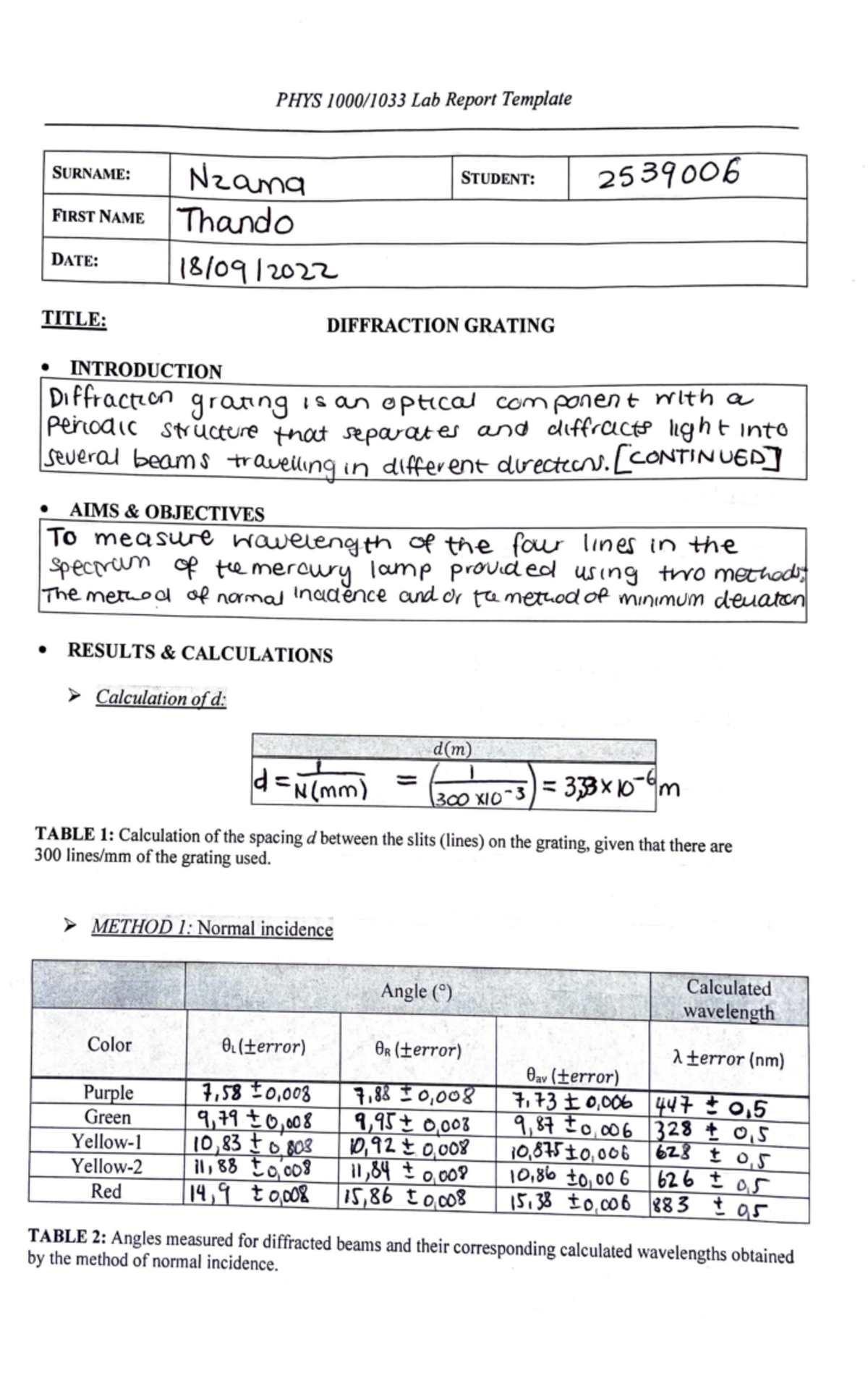Experiment 6- Diffraction Grating - PHYS 1000/1033 Lab Report Template SURNAME: ####### Nz.°'1 ...