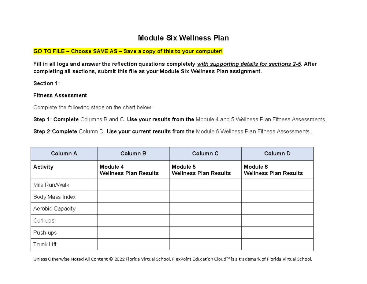 Module six wellness plan - Module Six Wellness Plan GO TO FILE – Choose ...