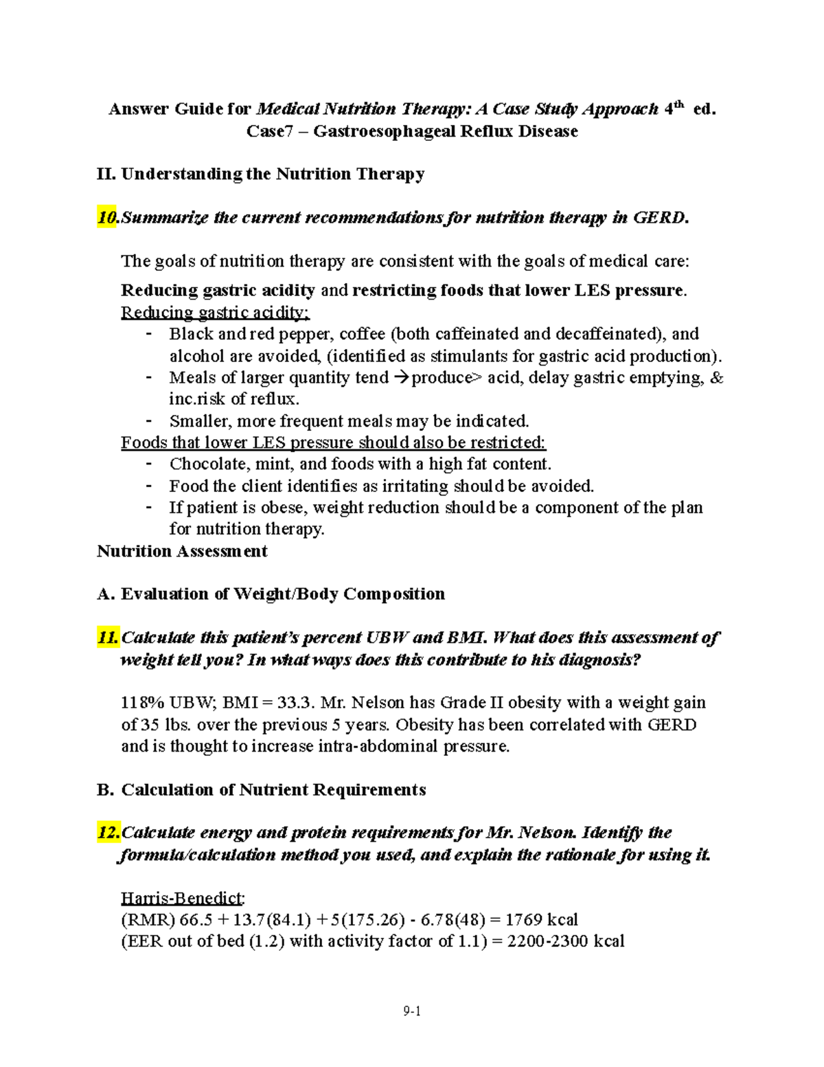 GERD key answer - Answer Guide for Medical Nutrition Therapy: A Case ...