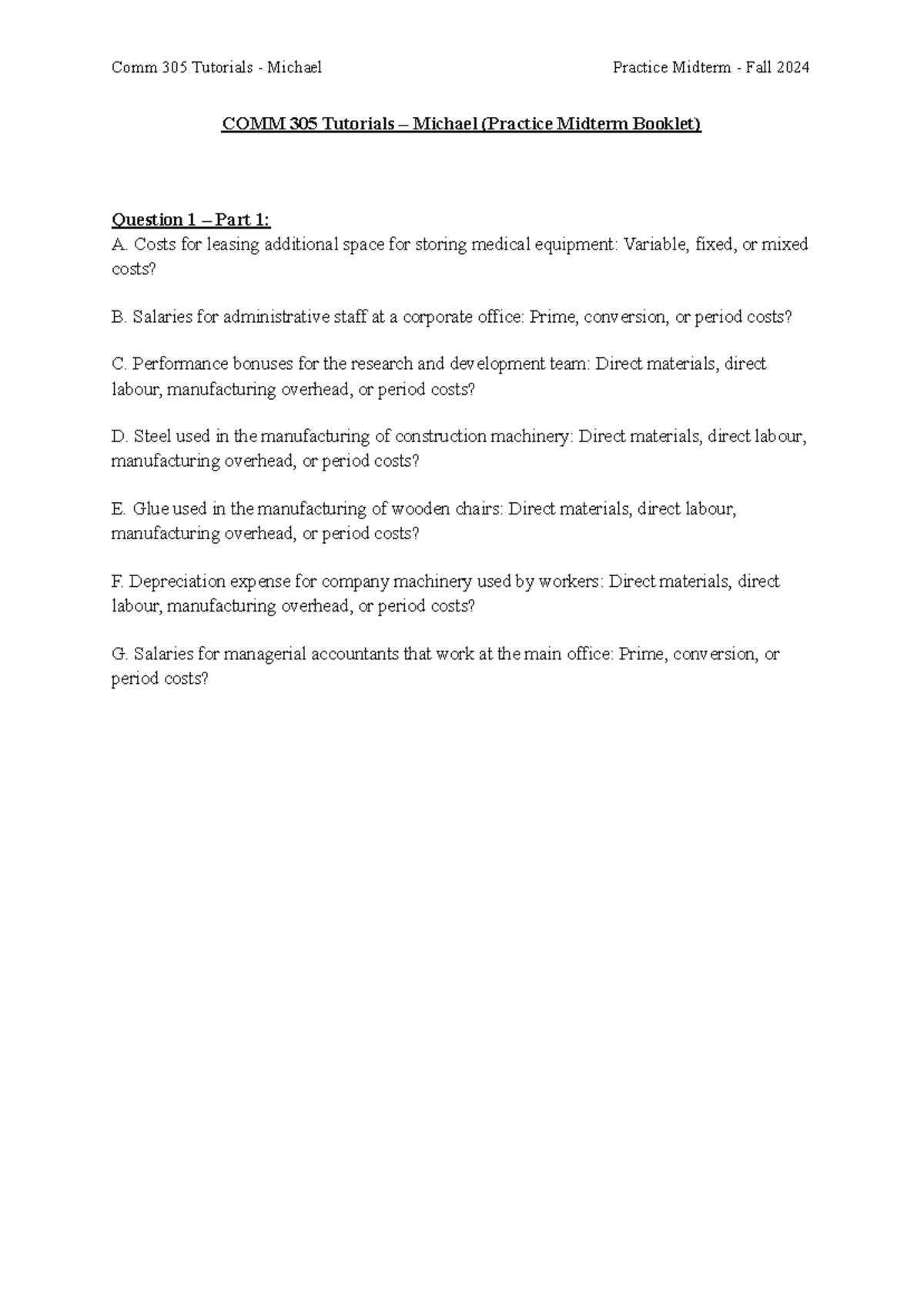 305 Practice Midterm - COMM 305 Tutorials – Michael (Practice Midterm Booklet) Question 1 – Part ...