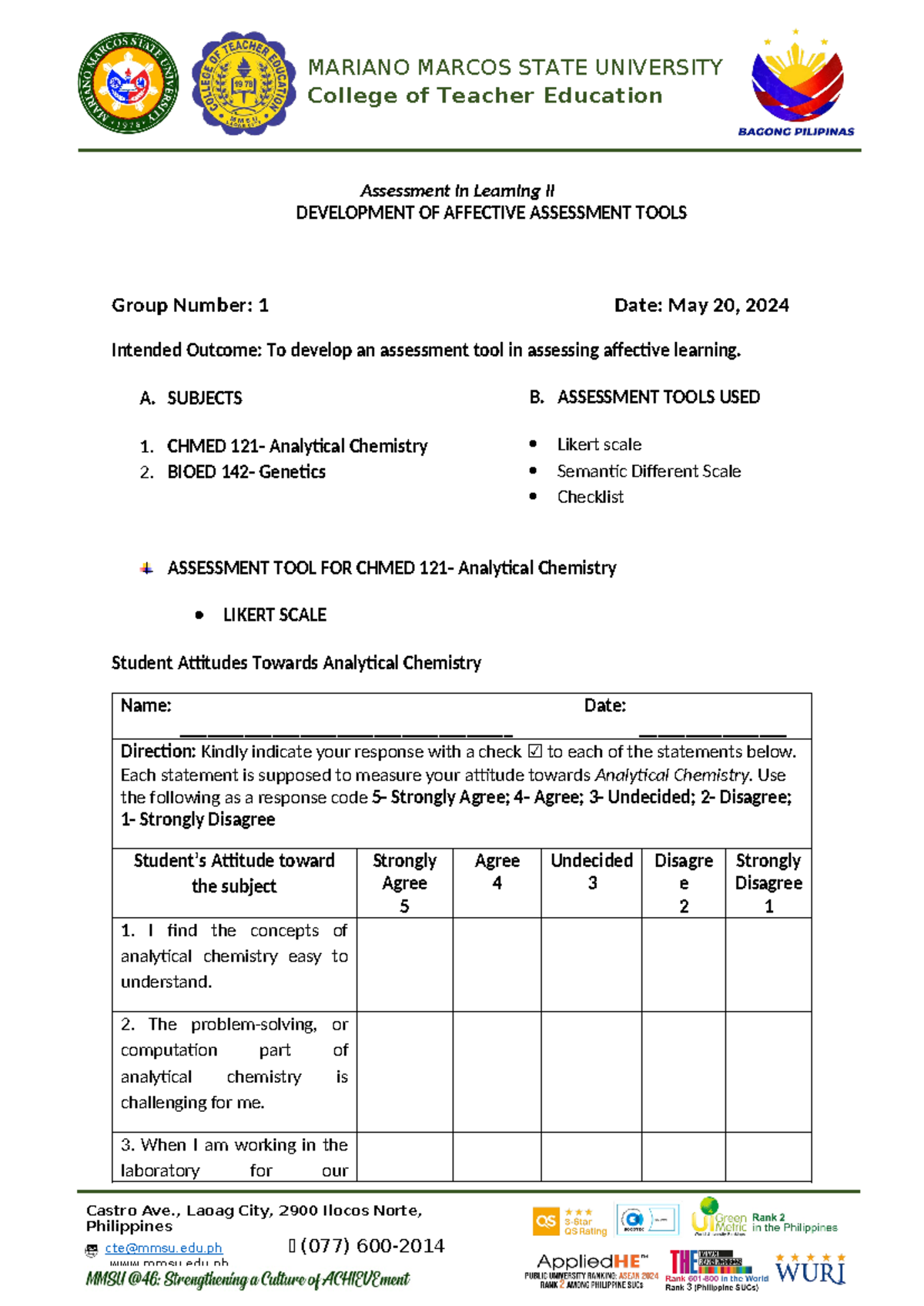 Some assessment tools in EDUC 155 - College of Teacher Education Castro Ave., Laoag City, 2900 ...