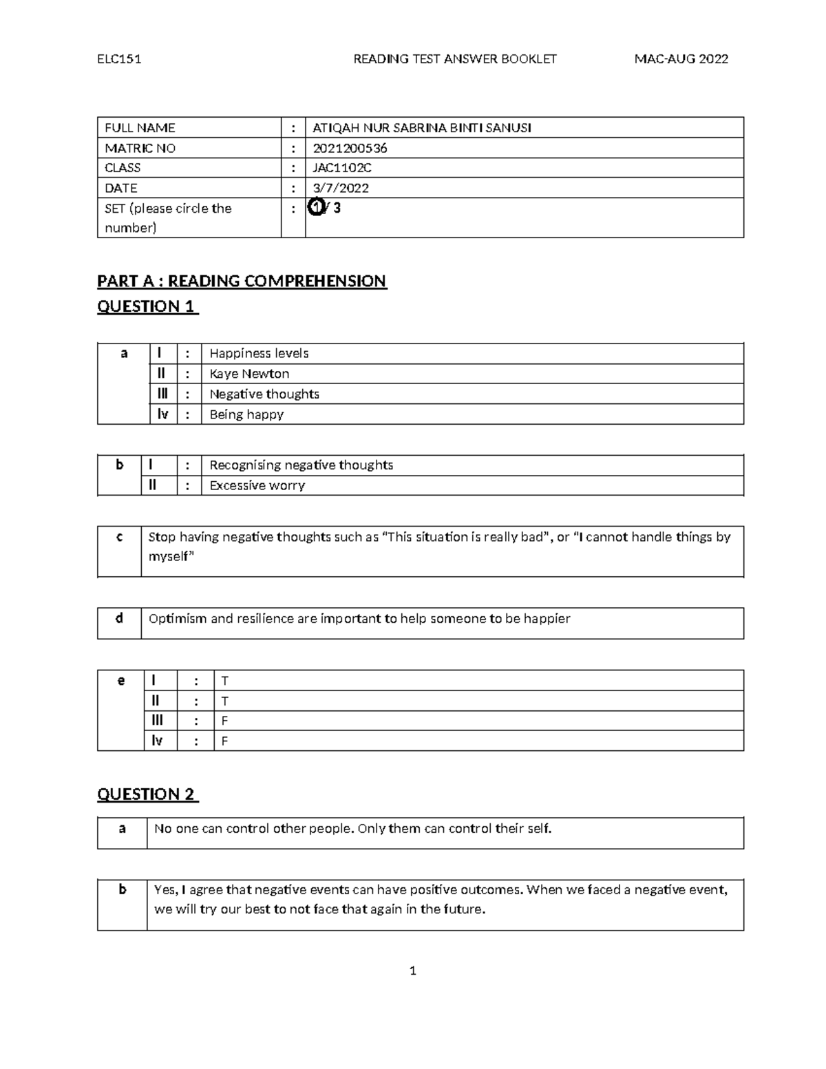 Answer Booklet ELC151 Reading TEST - FULL NAME : ATIQAH NUR SABRINA ...