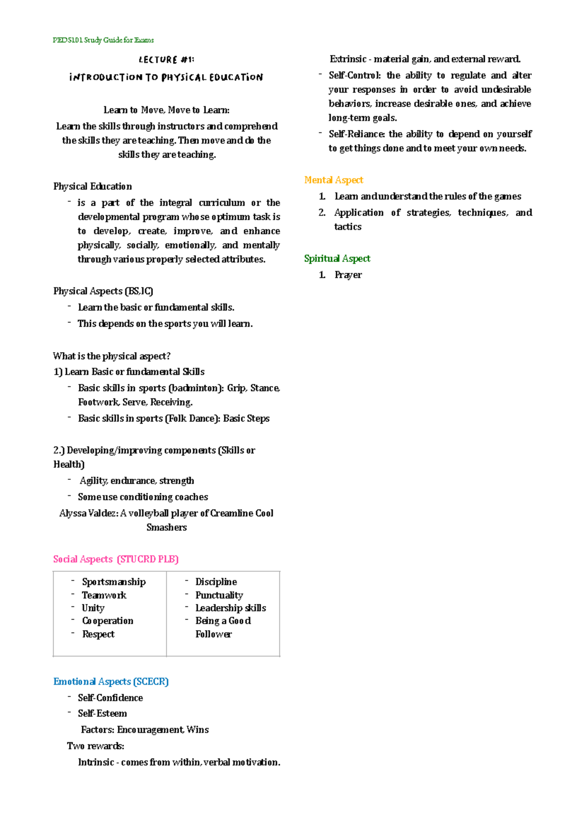PEDS101 SG - PE Notes - PEDS101 Study Guide for Exams LectUre #1 ...