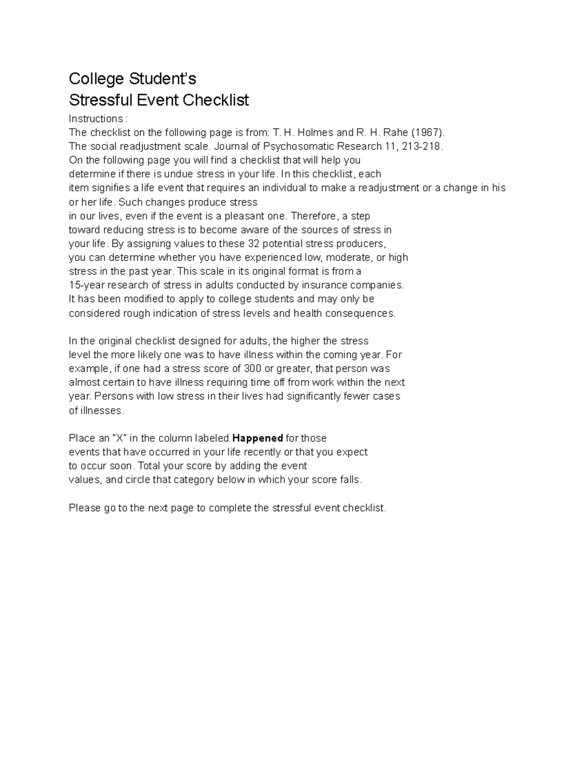 College Student’s Stress Checklist - College Student’s Stressful Event ...