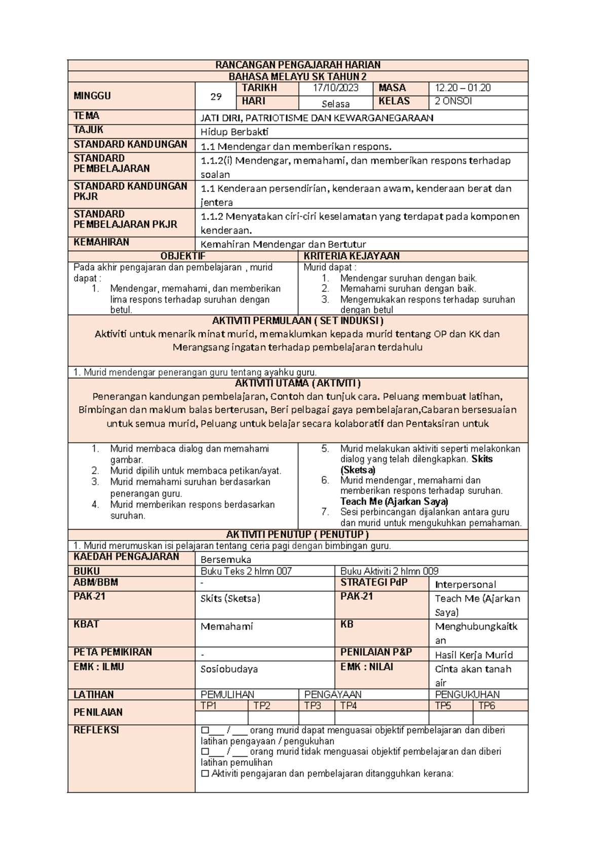 BM2 Onsoi - M29 Selasa 2023 - RANCANGAN PENGAJARAH HARIAN BAHASA MELAYU SK TAHUN 2 MINGGU 29 ...