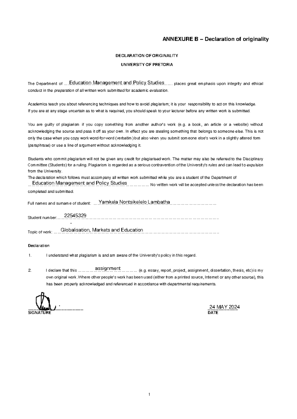 OPV 312 Assignment Globalisation Final - ANNEXURE B – Declaration of ...