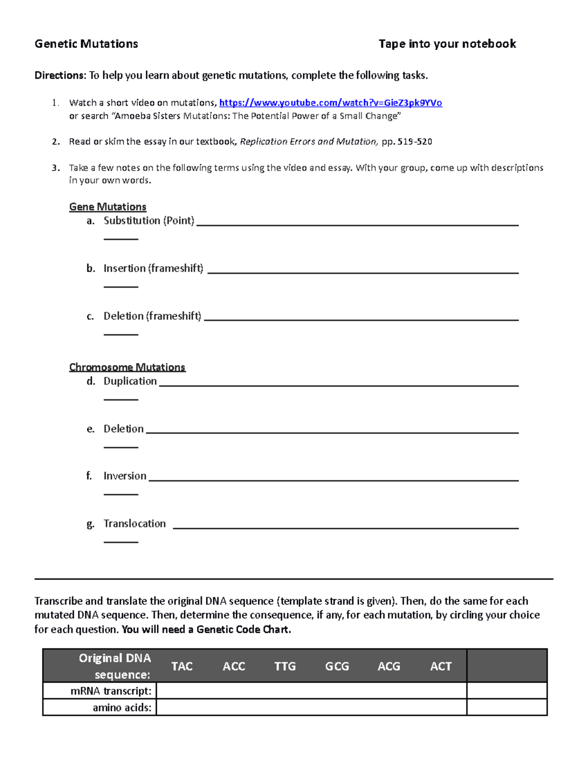 Genetic Mutations Practice Worksheet TRY THIS 1516h - Genetic Mutations ...
