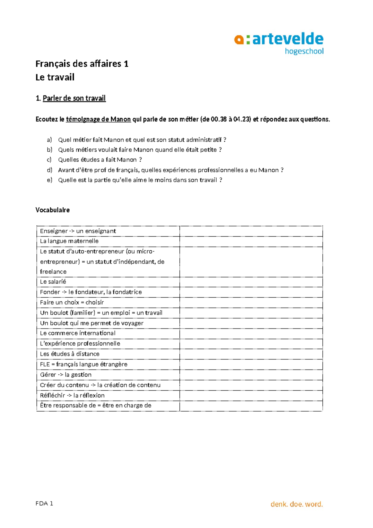 Le travail FDA1 (cours 2 et 3) étudiant - Français des affaires 1 Le ...