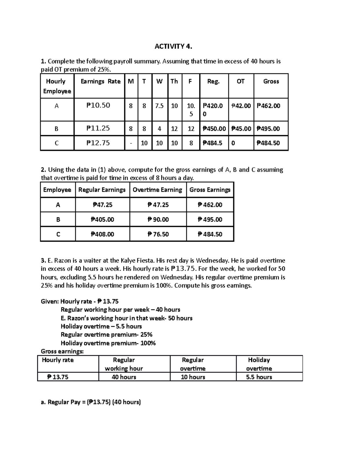 Activity 4 Business math - ACTIVITY 4. Complete the following payroll ...