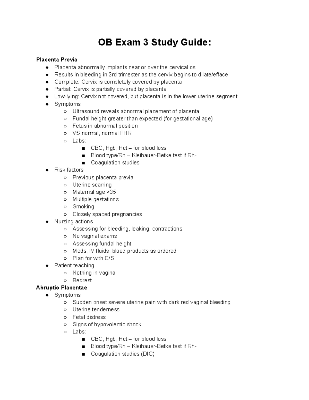 OB Exam 3 study guide - OB Exam 3 Study Guide: Placenta Previa Placenta ...