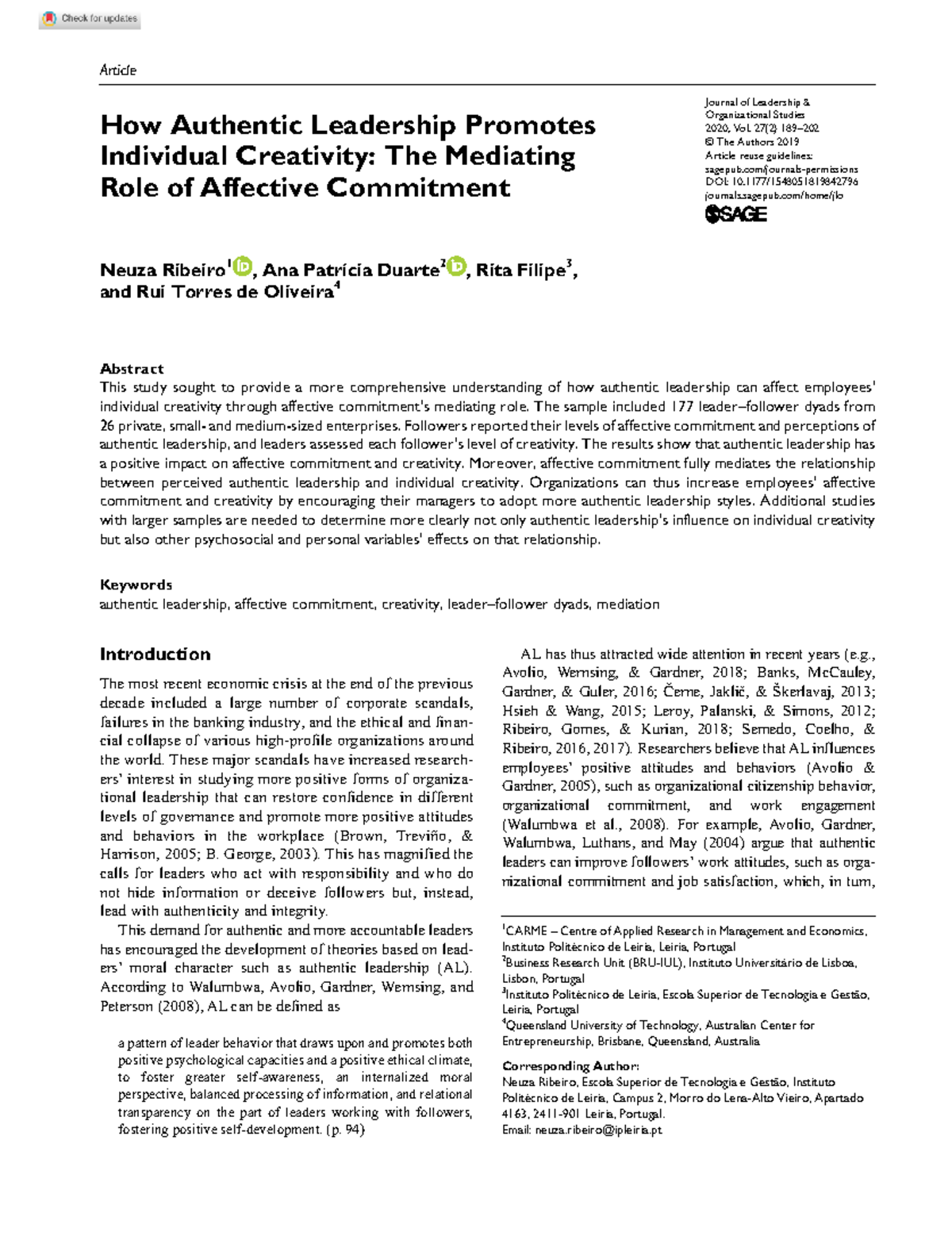 How Authentic Leadership Promotes Individual Creativity The Mediating ...