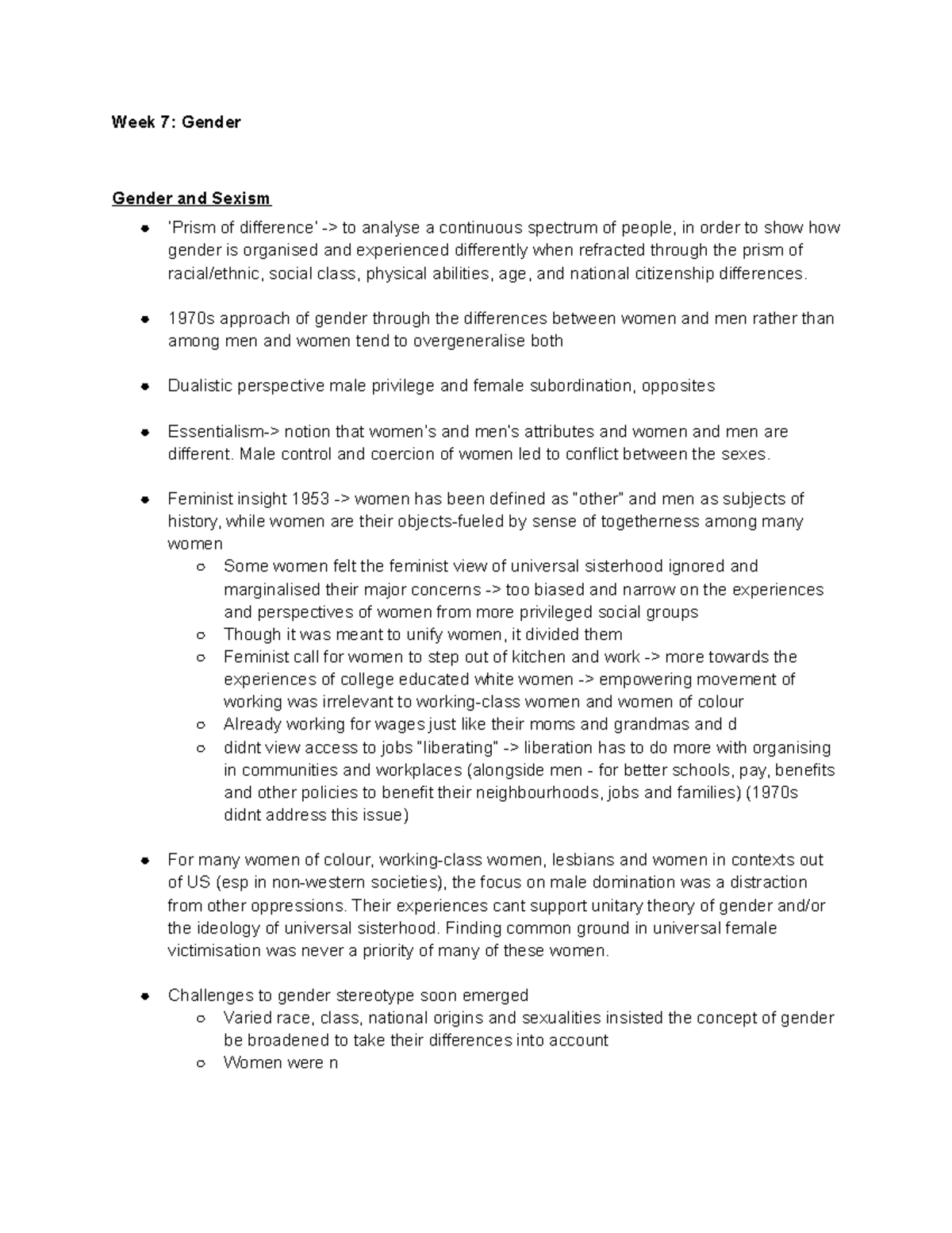 Sociology week 7 gender - Week 7: Gender Gender and Sexism ‘Prism of ...