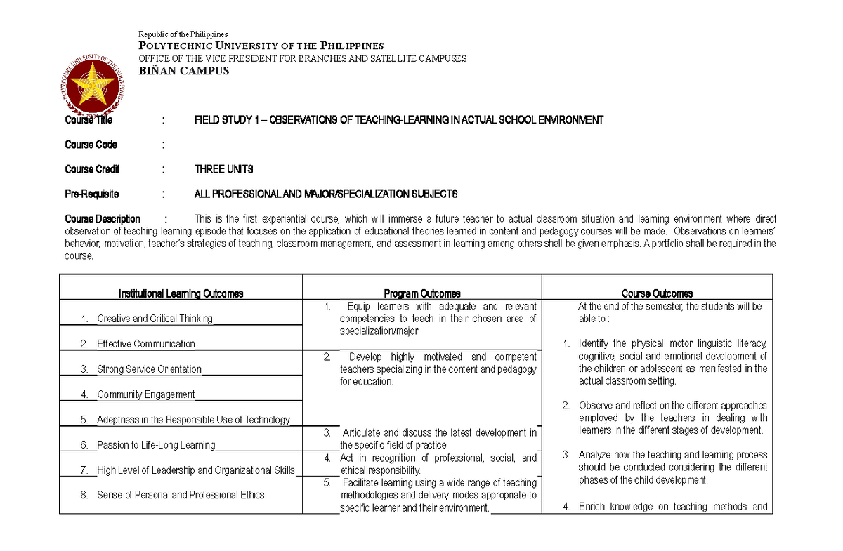 EDUC 30133 Field Study 1 - Course Title : FIELD STUDY 1 – OBSERVATIONS ...