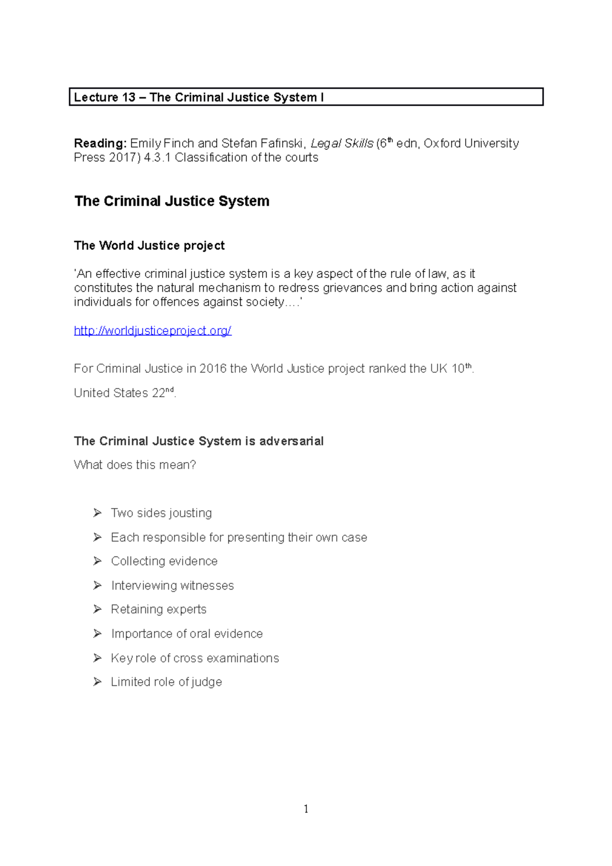 Lecture 13 notes - criminal justice system I - Lecture 13 – The ...