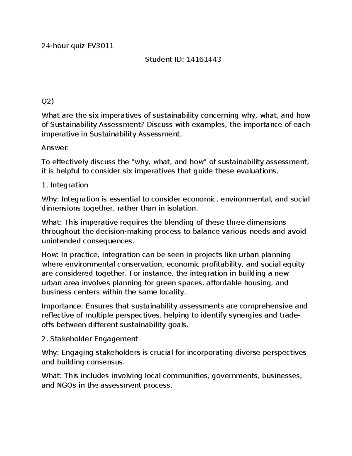 24-hour quiz EV3011 answer sheet - 24-hour quiz EV Student ID: 14161443 ...