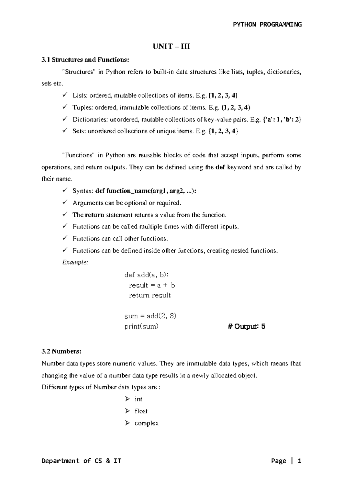 Python Unit III Study Material - UNIT – III 3 Structures and Functions: "Structures" in - Studocu