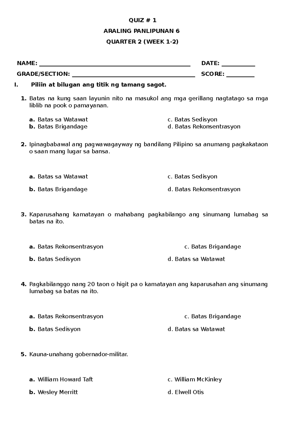 QUIZ Ap W1 2 For Grade 6 QUIZ 1 ARALING PANLIPUNAN 6 QUARTER 2