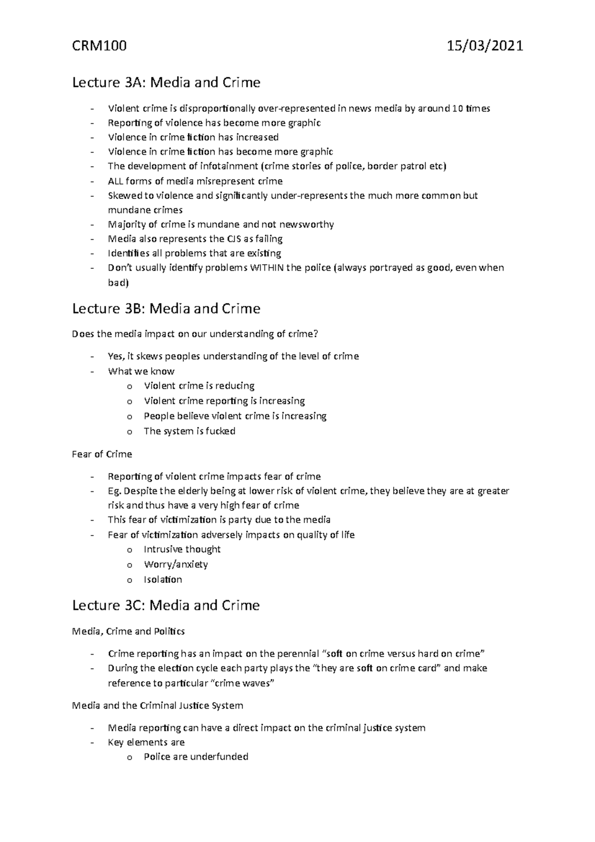 Lecture 3A-3C Notes CRM100 - CRM100 15/03/ Lecture 3A: Media and Crime ...