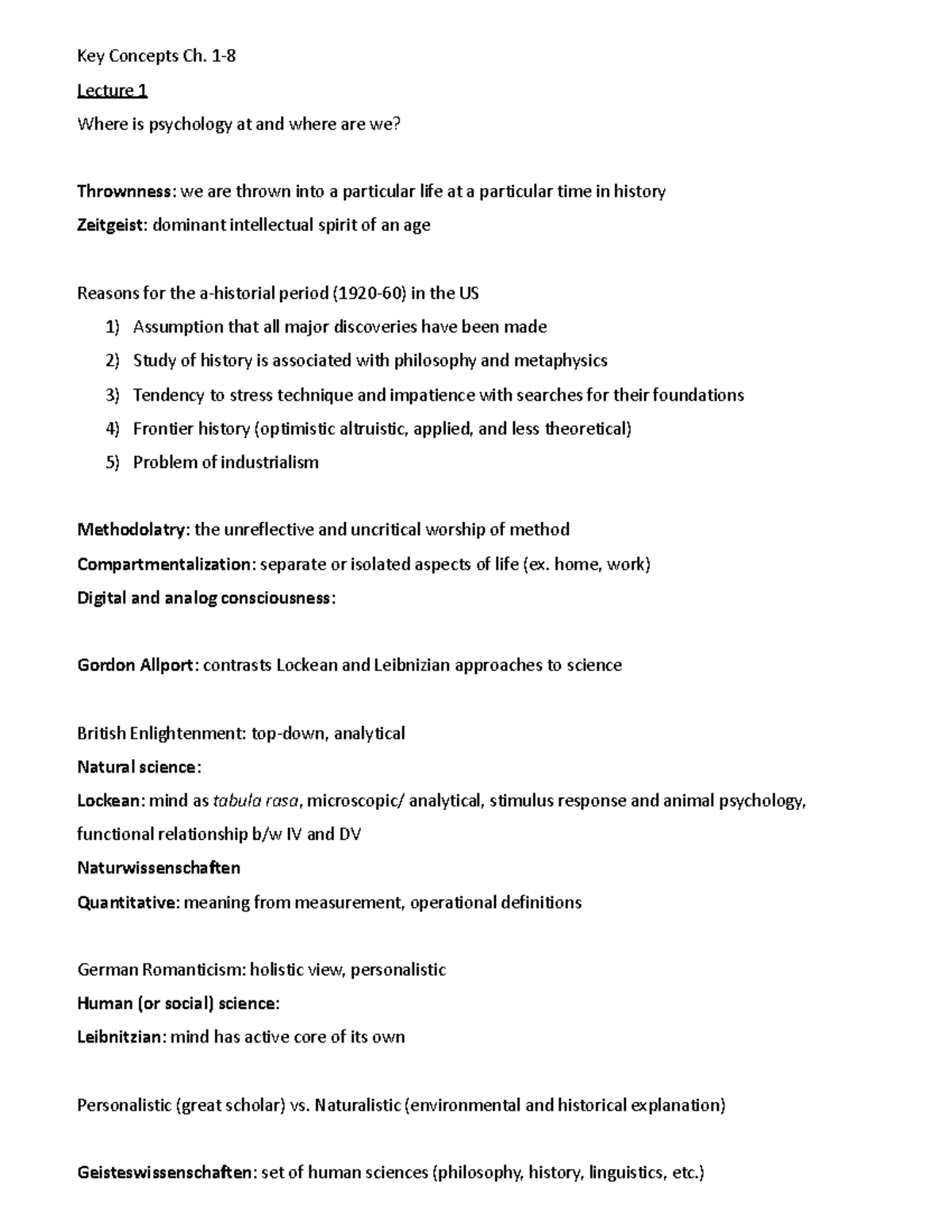 PSYC Key Concepts Chapter 2 - Key Concepts Ch. 1- Lecture 1 Where is psychology at and where are ...