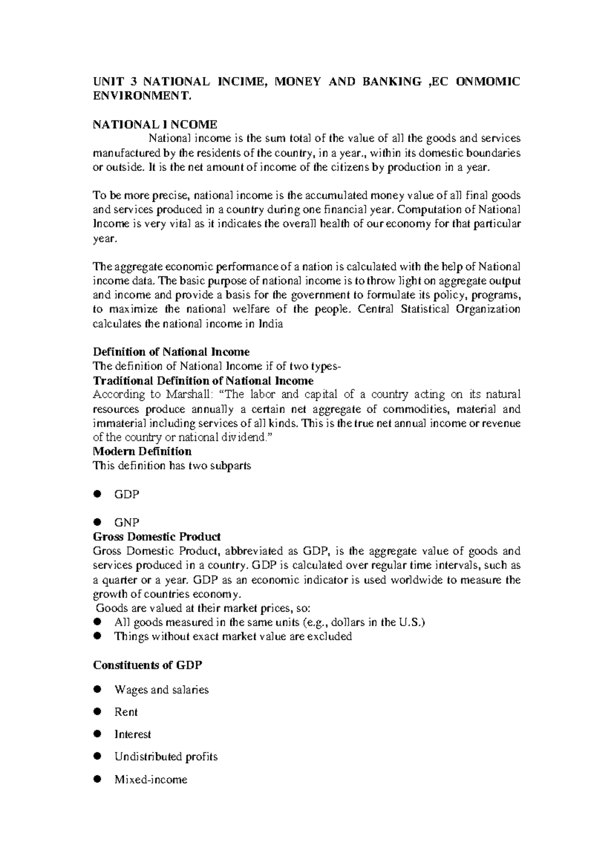 UNIT 3 - Good - UNIT 3 NATIONAL INCIME, MONEY AND BANKING ,EC ONMOMIC ...