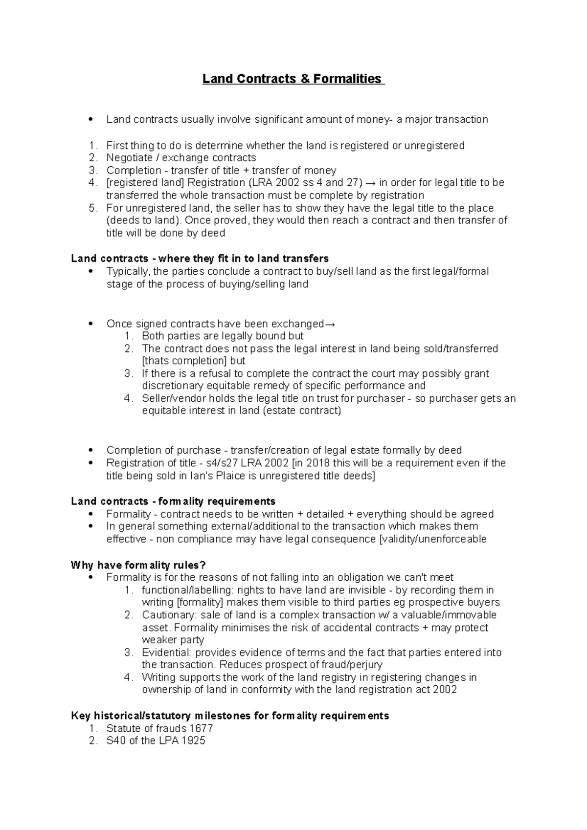 Land Law Tutorial 3 - .............. - Land Contracts & Formalities ...