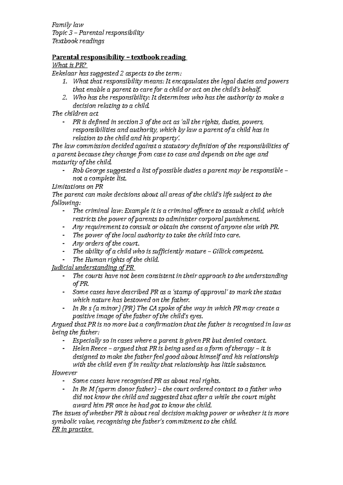 Family law -PR textbook reading - Topic 3 – Parental responsibility ...