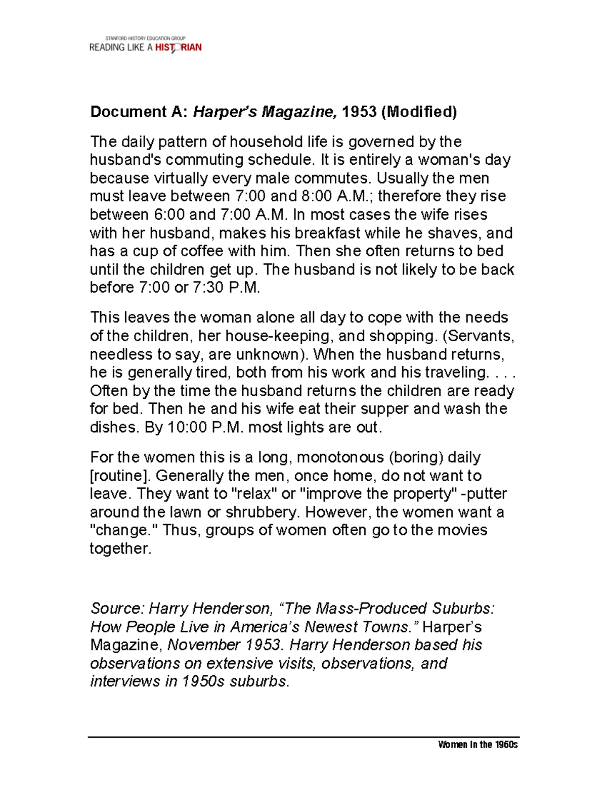 Women in the 1950s Student Materials - Women in the 1950s Document A ...