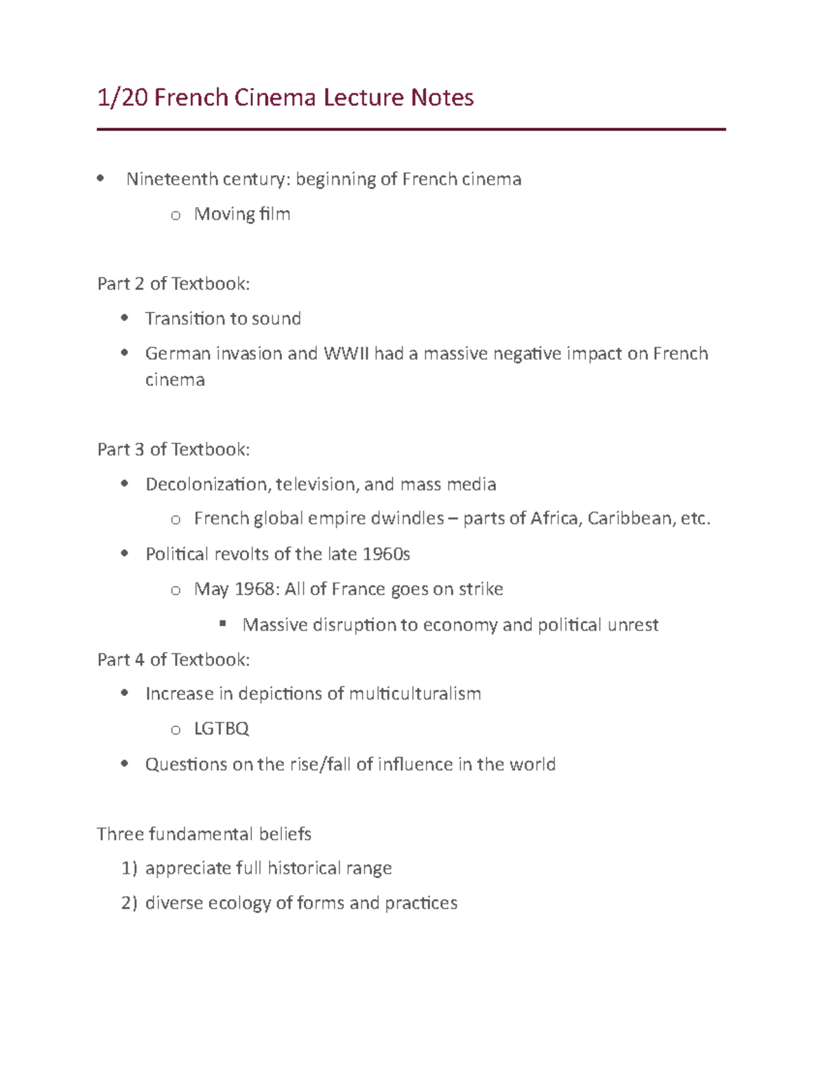 FILM 245 Week 1 Notes - 1/20 French Cinema Lecture Notes Nineteenth ...