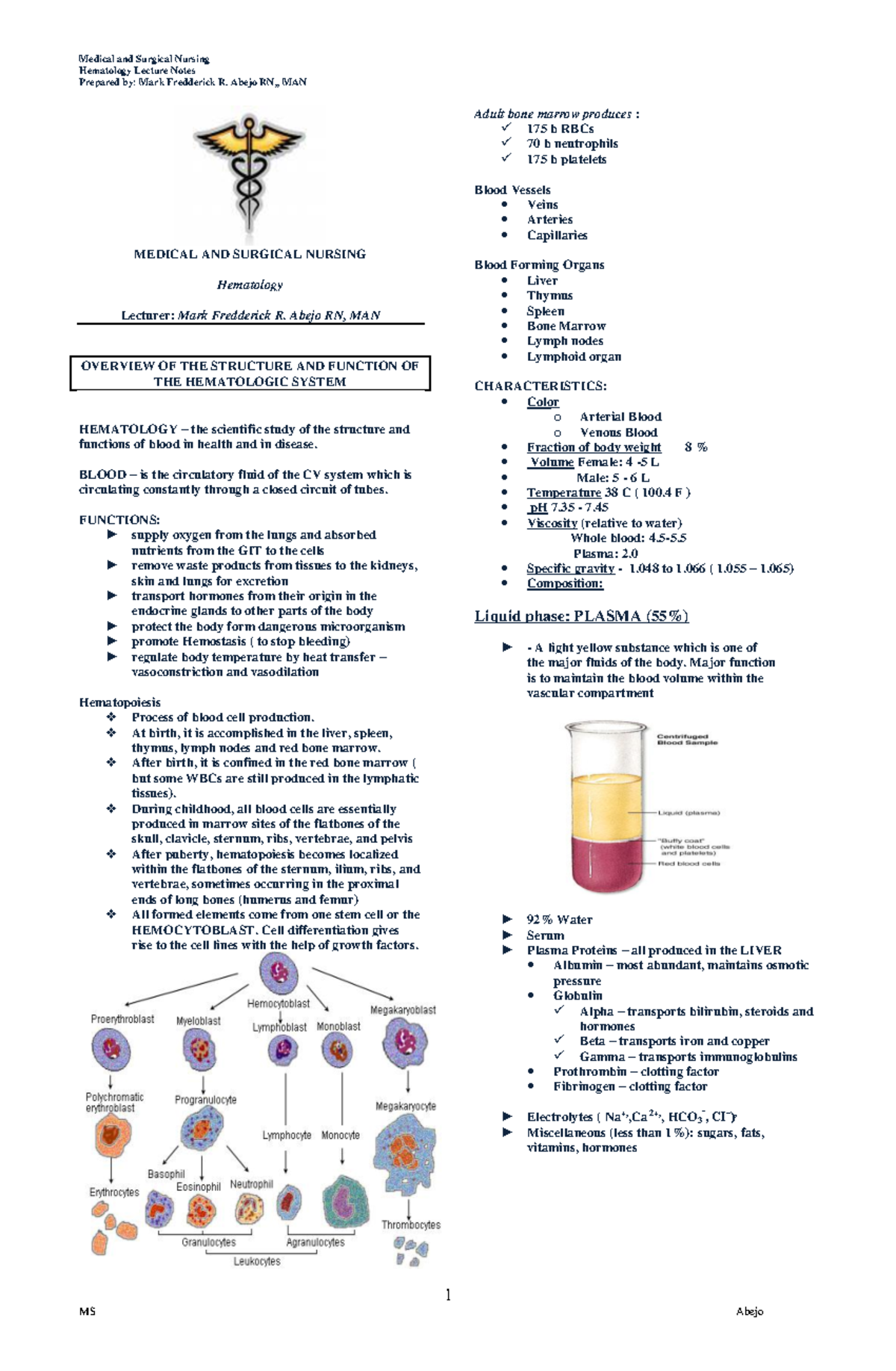 Hematology Handouts - medical surgical - Hematology Lecture Notes ...
