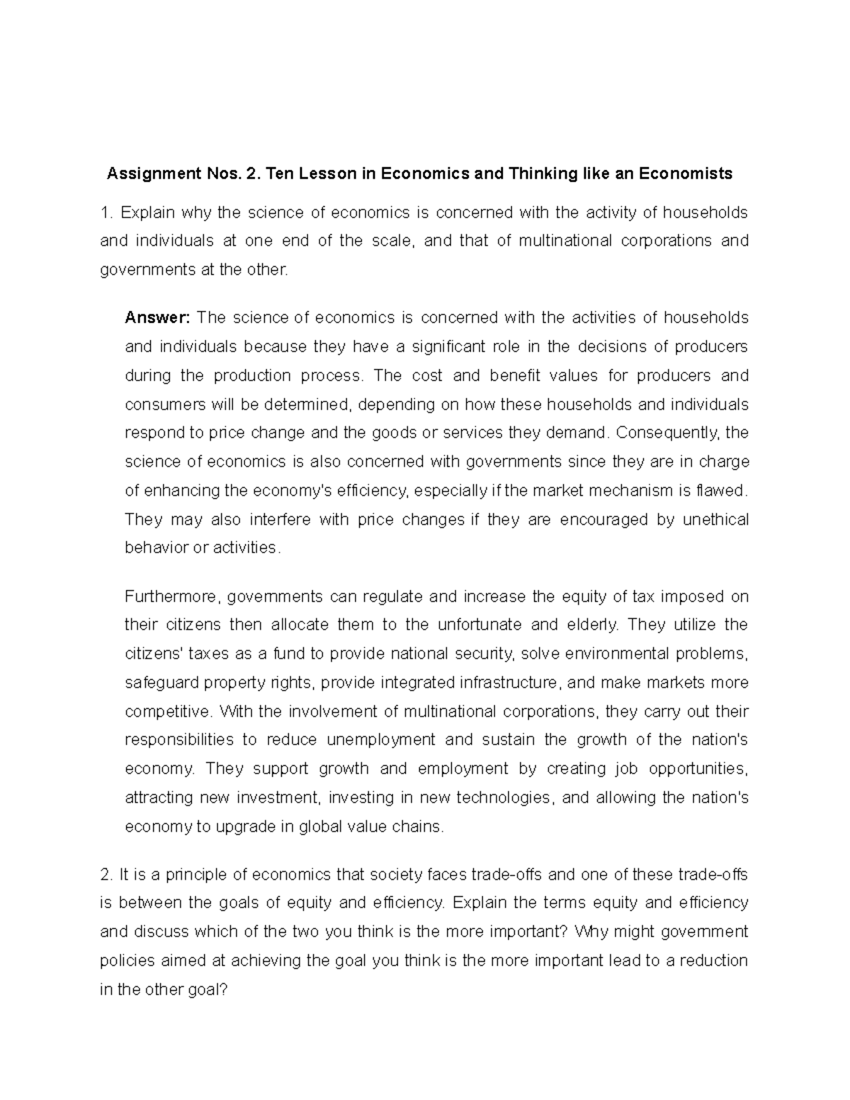 Assignment Nos.2- Ten Lesson in Economics and Thinking like an ...