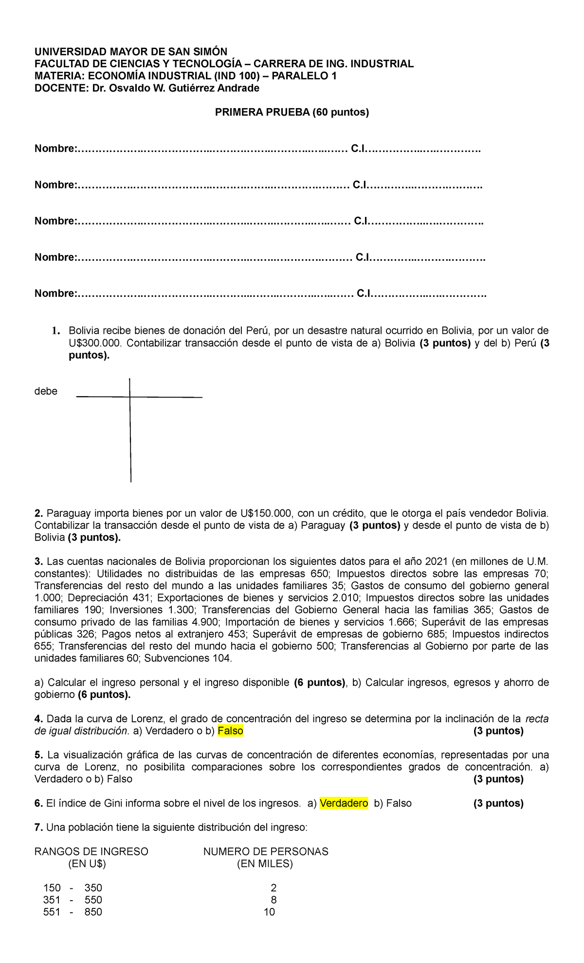 Examen 1 Ecoind 1-2022 - UNIVERSIDAD MAYOR DE SAN SIMÓN FACULTAD DE ...